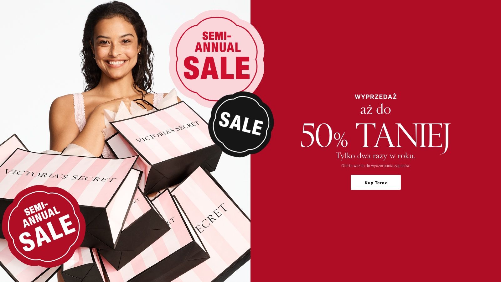 Wyprzedaż do -50% w Victoria's Secret. Kobieta z torbami zakupowymi ...
